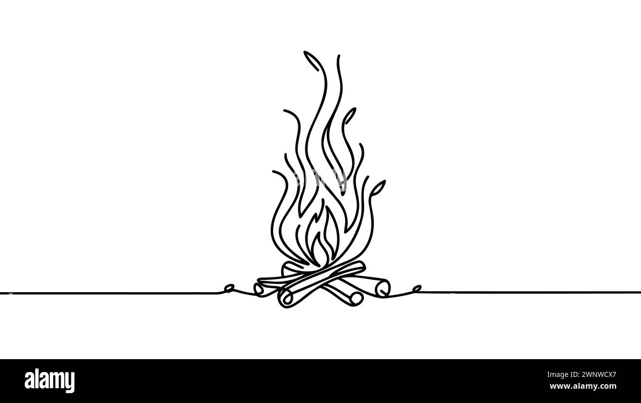 Bonfire in one continuous line art drawing style. Campfire black line ...