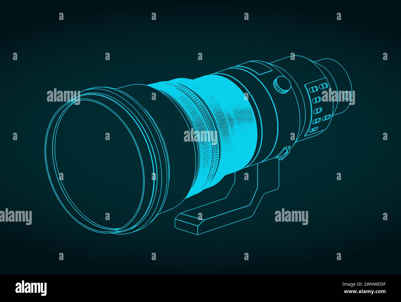 Stylized vector illustration of isometric blueprint of super-telephoto lens Stock Vector Image ...