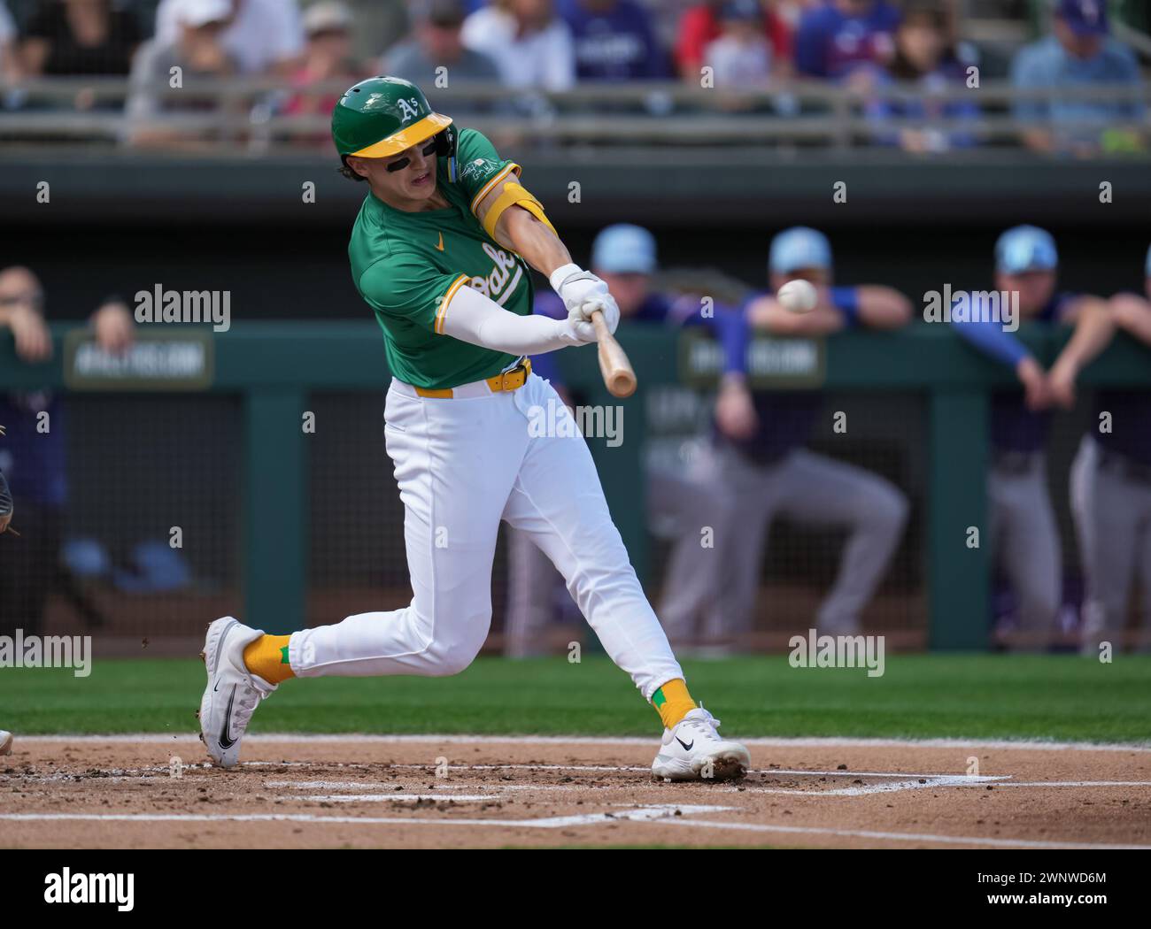 Oakland Athletics second baseman Zack Gelof (20) gets a double during ...