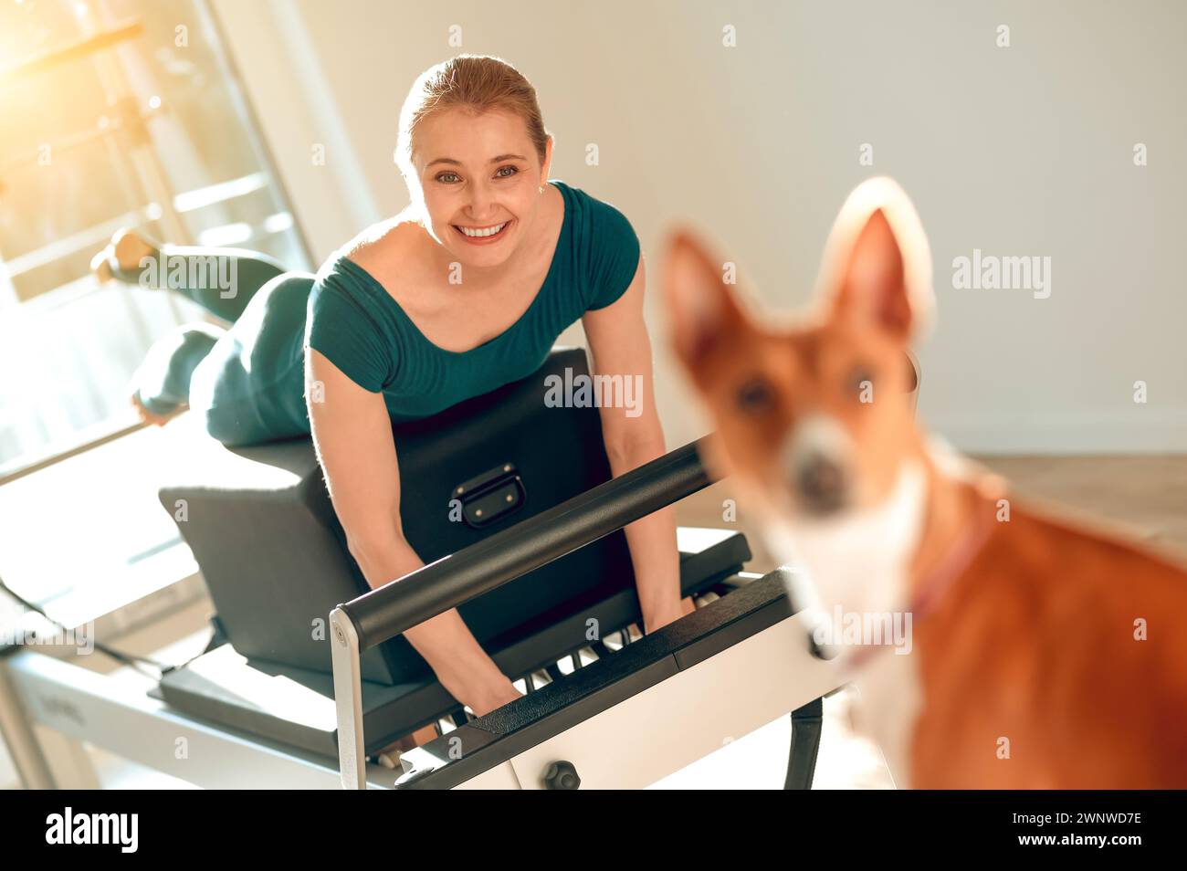 Smiling woman doing sports exercises in Pilates studio with her dog ...