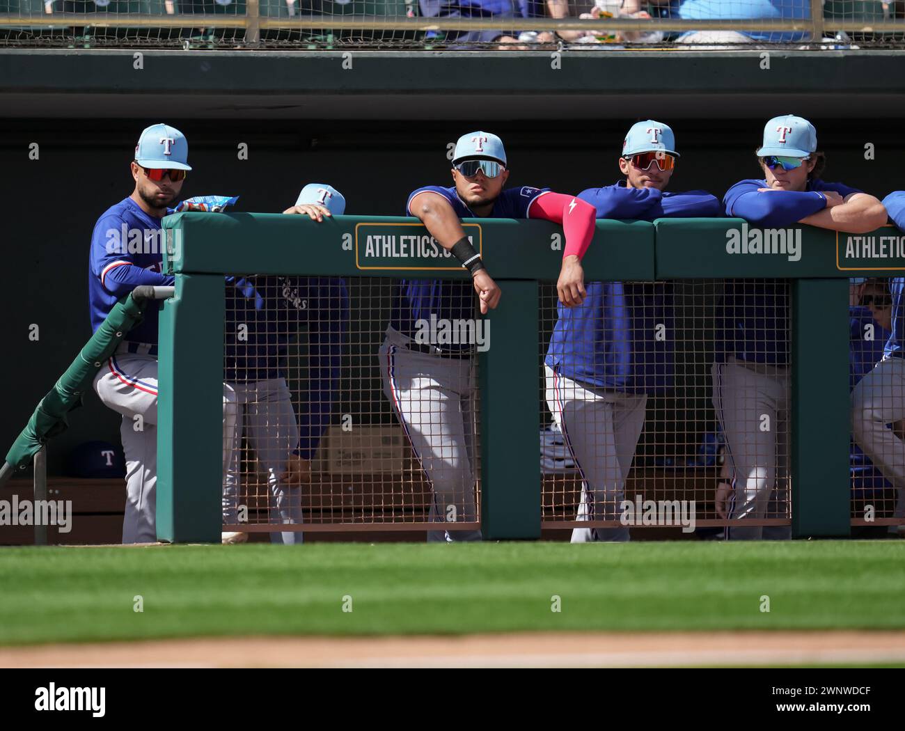 Texas Rangers players relax on the dugout while waiting for the game to ...