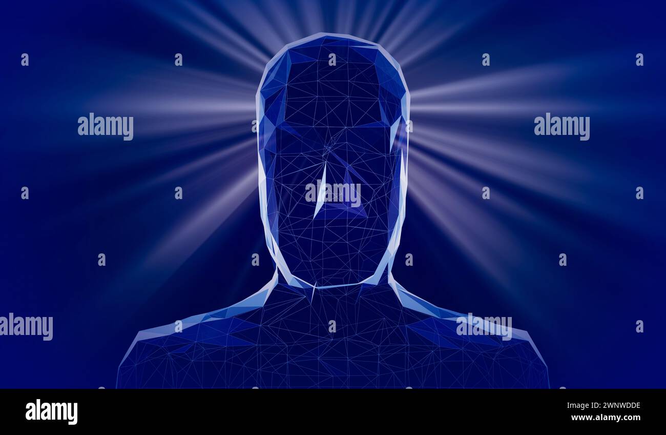 Geometrical wireframe man face and rays of light - 3D illustration ...