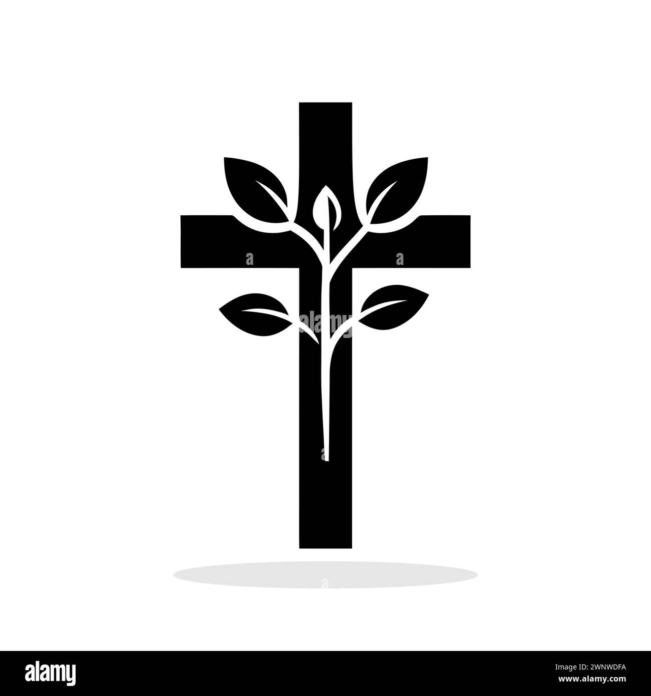 Christian cross icon. Black symbol of christian cross with plant and leaves. Religious symbol ...