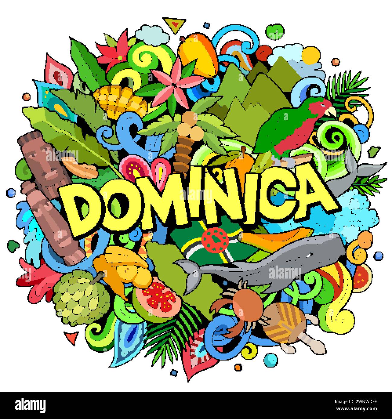 Vector funny doodle illustration with Dominica theme. Vibrant and eye ...
