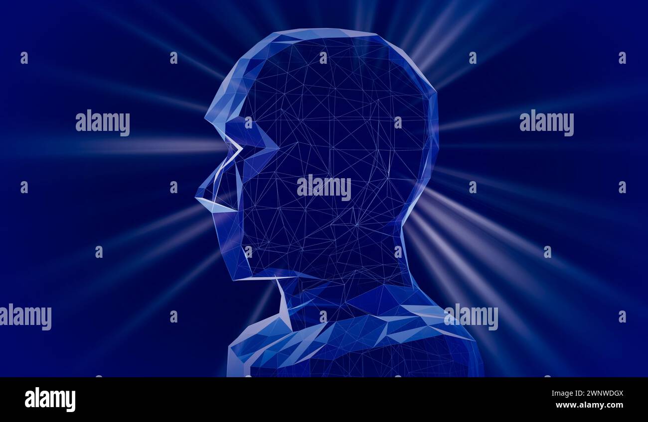 Geometrical wireframe man face and rays of light - 3D illustration ...