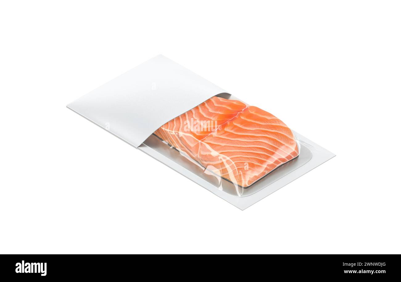 Blank transparent pack with white label for salmon mockup, isolated, 3d ...