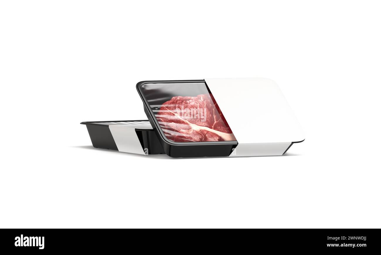 Blank transparent plastic beef tray with white label mockup stack, 3d ...