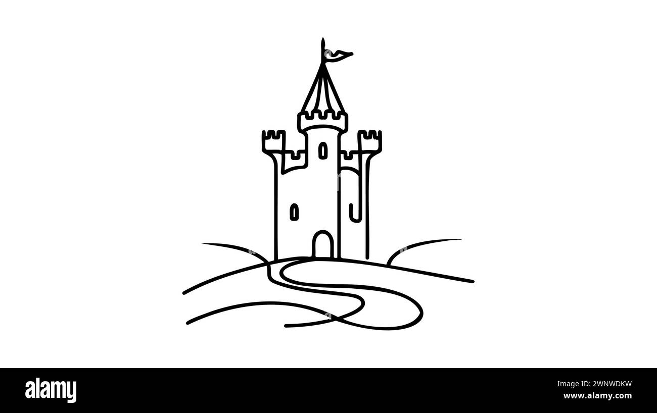 Single one line drawing of castle in an amusement park with four towers ...