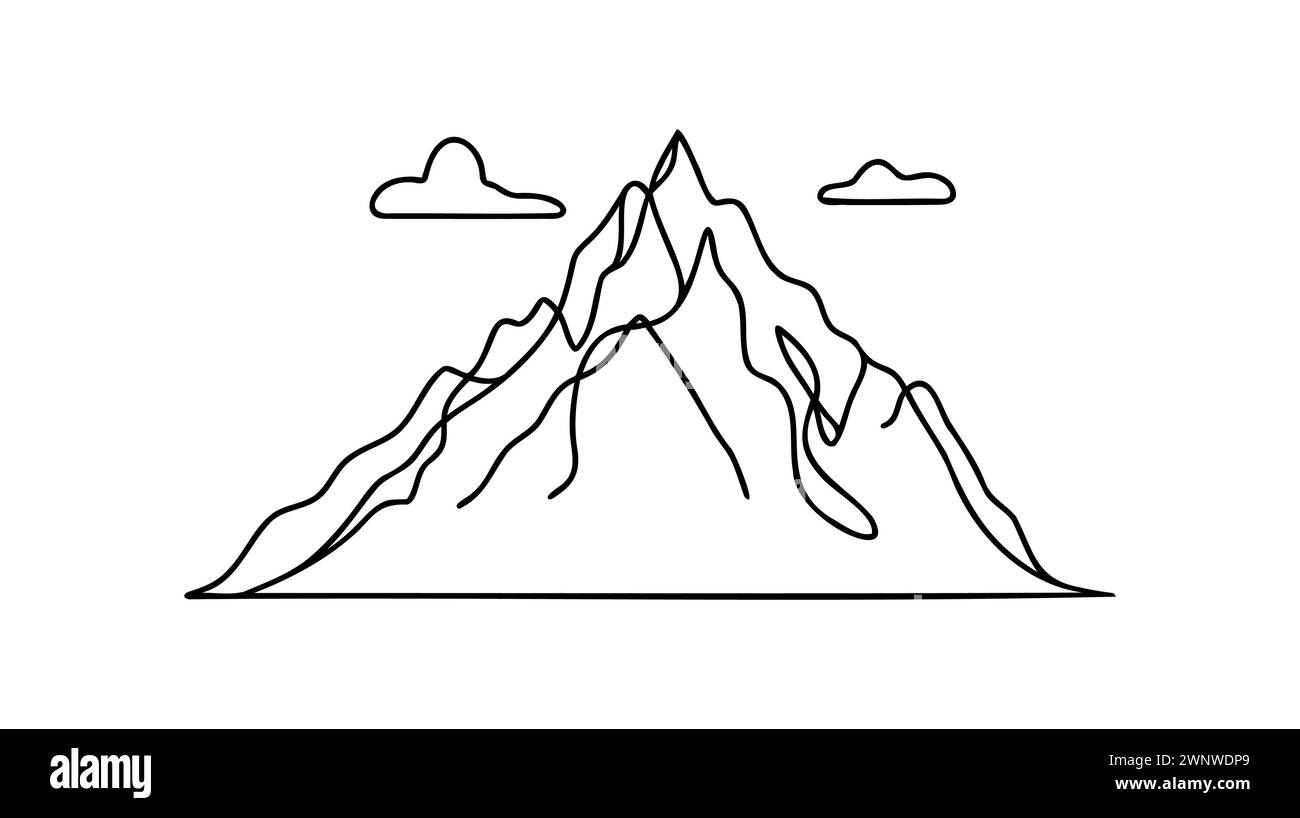 One continuous line drawing of mountain range landscape. Web banner ...