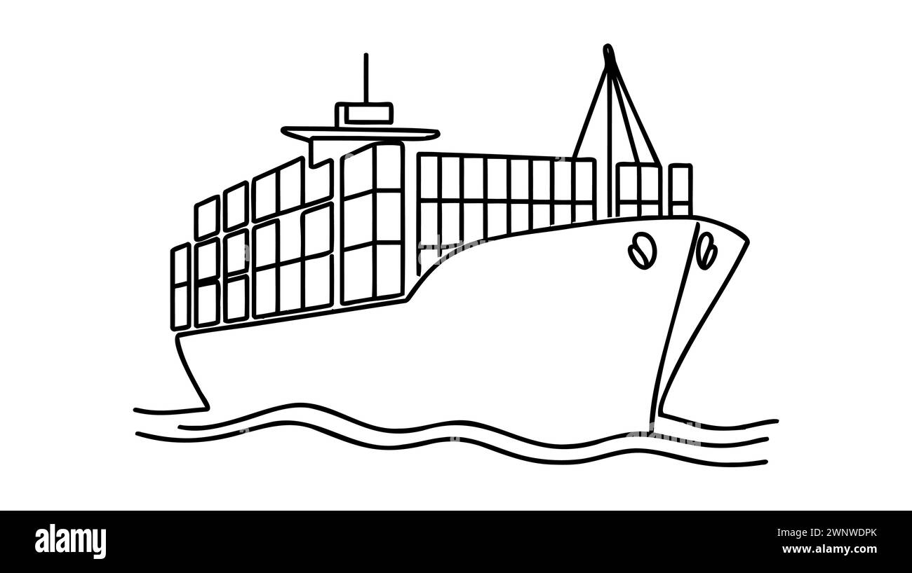 Continuous one line drawing cargo ship with containers in the port ...