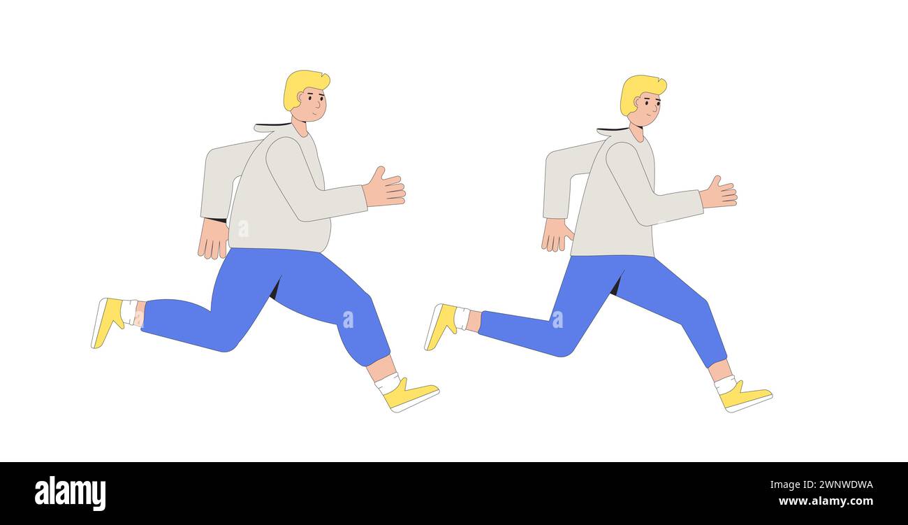 Weight loss man sequence. Before and after sport exercises. Young male ...