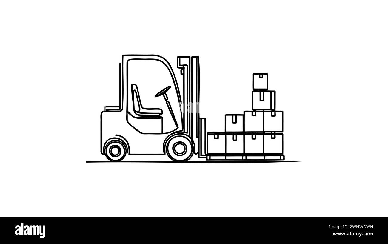 Continuous one line drawing forklift truck with boxes. Heavy automobile ...