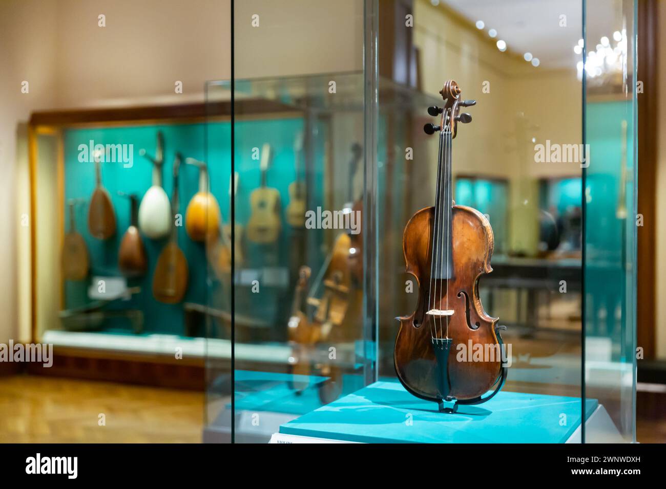 Showcase with old violin in Weltmuseum Wien, Austria Stock Photo - Alamy