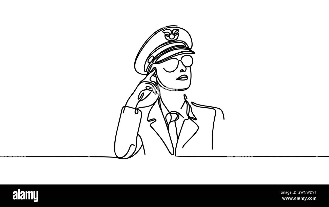 Single one continuous line drawing of young pilot. Professional work ...