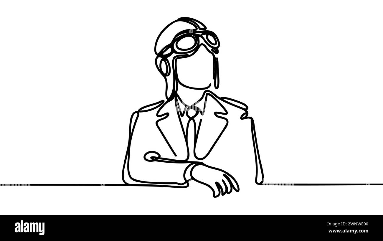Single one continuous line drawing of young pilot. Professional work ...