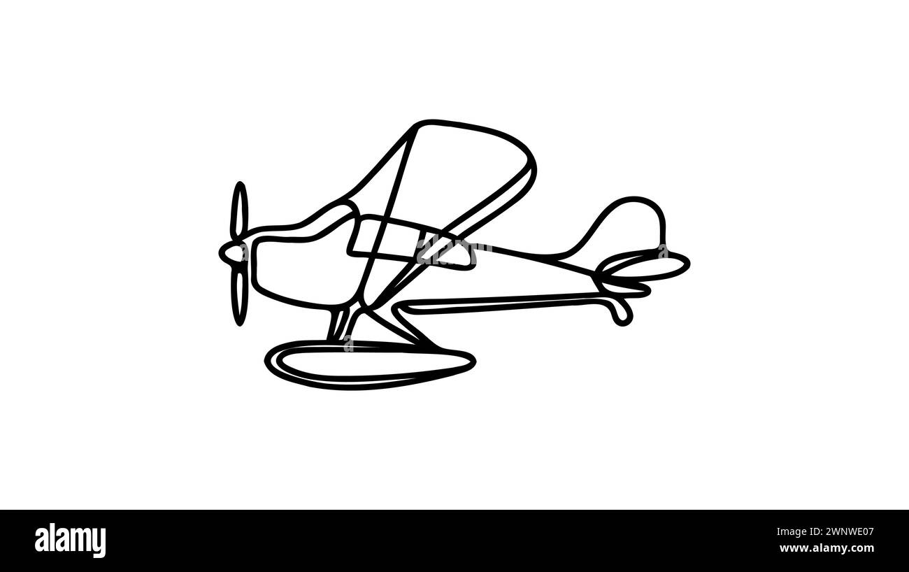 Small plane flying in the sky in continuous line art drawing style ...
