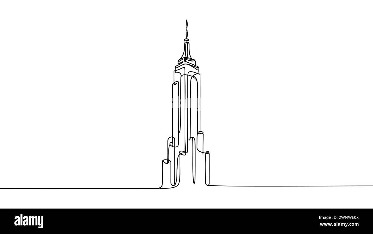 Continuous one line drawing of tall skyscraper buildings in big city ...