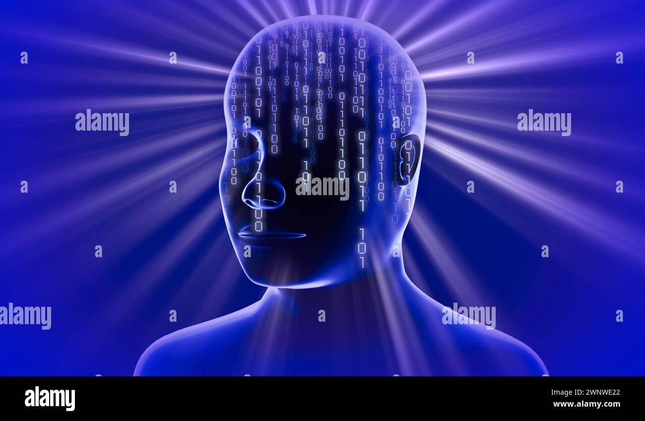 Geometrical man face with binary code and rays of light - 3D ...