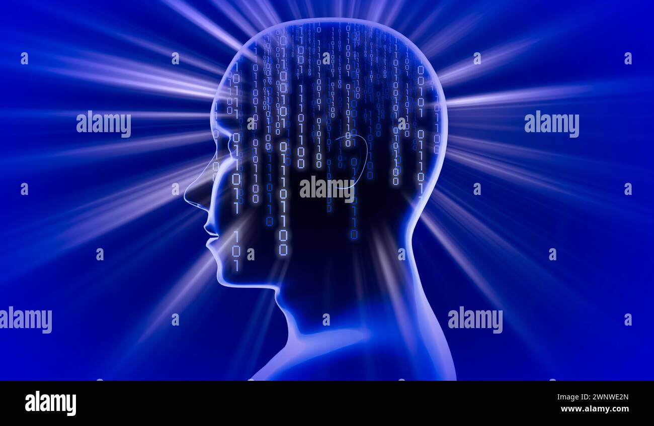 Geometrical man face with binary code and rays of light - 3D ...