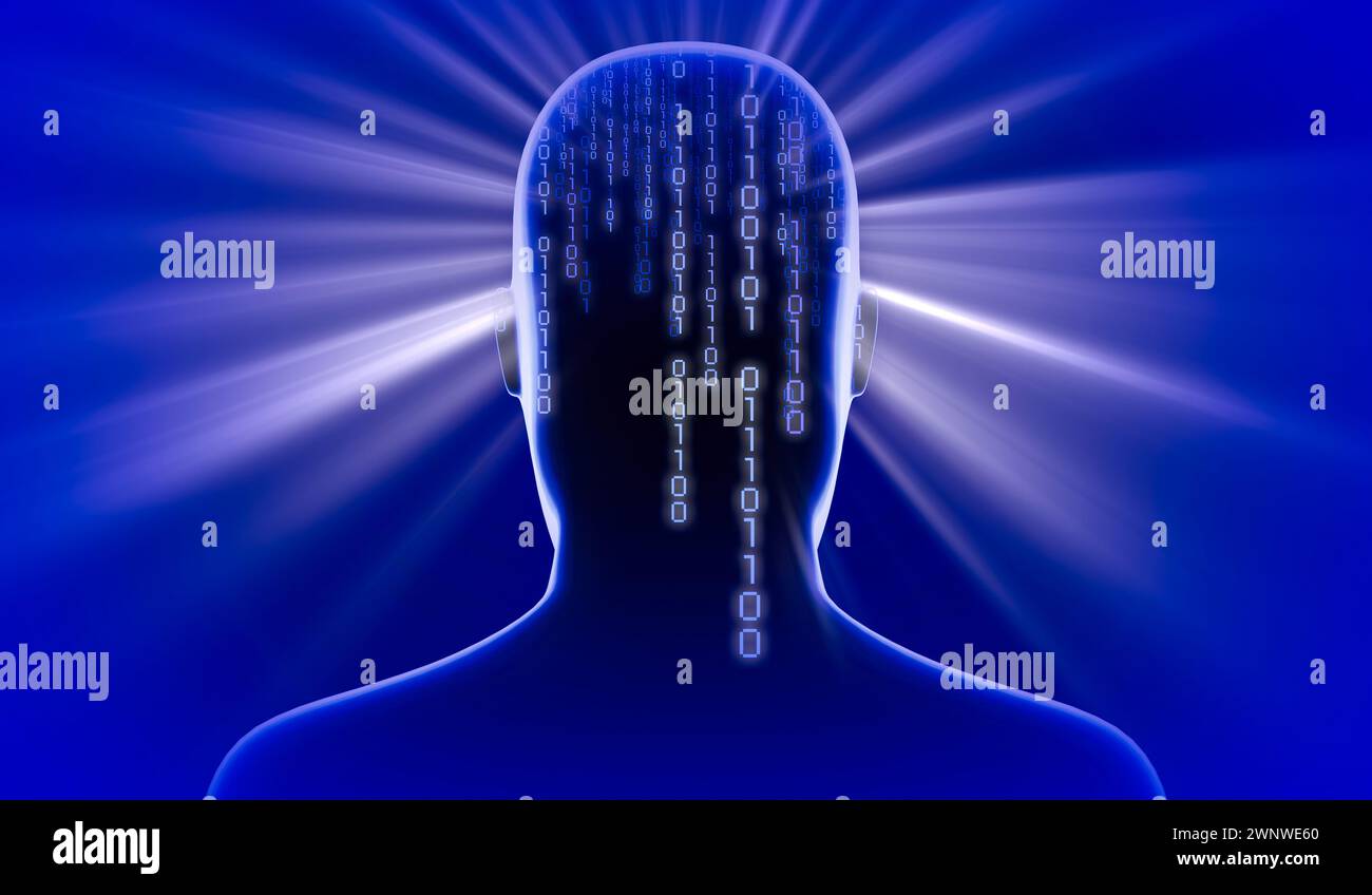 Geometrical man face with binary code and rays of light - 3D ...