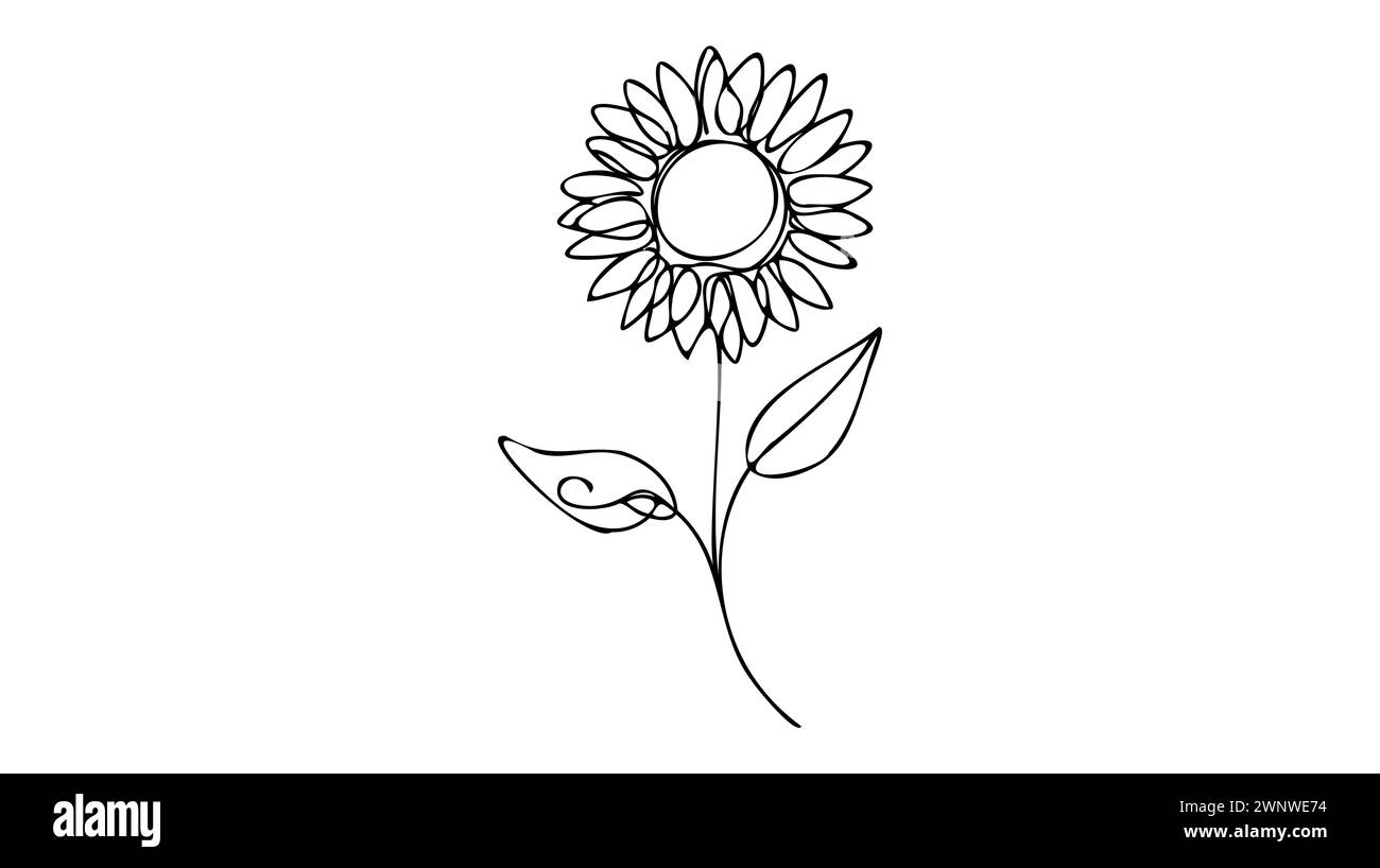 One line sunflower element. Black and white monochrome continuous ...