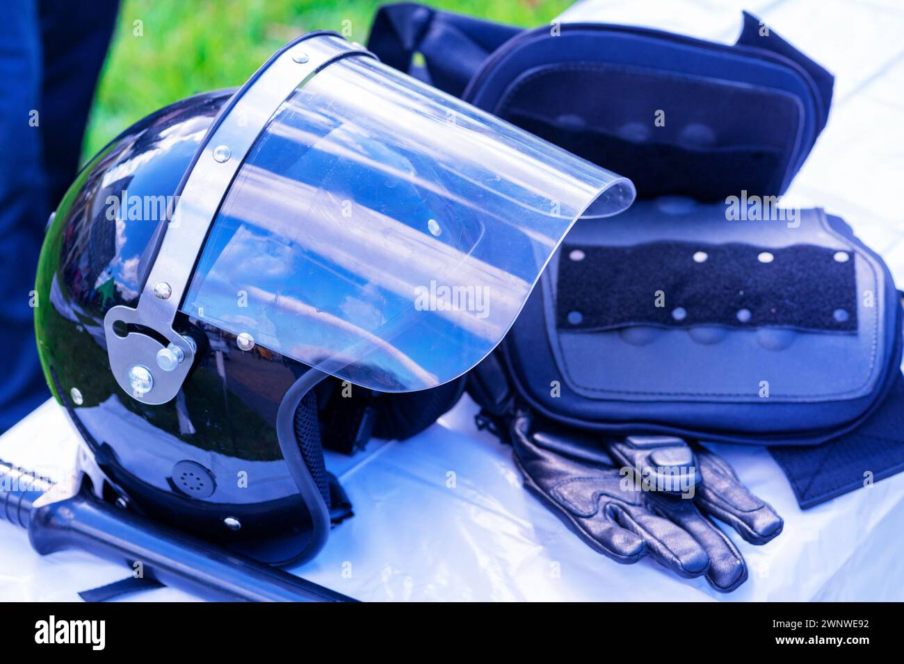 Police protective clothes. A helmet, armor a bulletproof vest, a ...