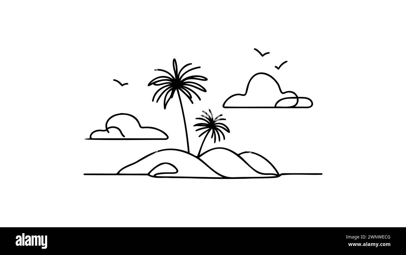Tropics oasis island line drawing. Abstract tropical landscape ...