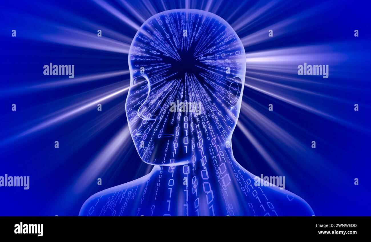 Geometrical man face with binary code and rays of light - 3D ...