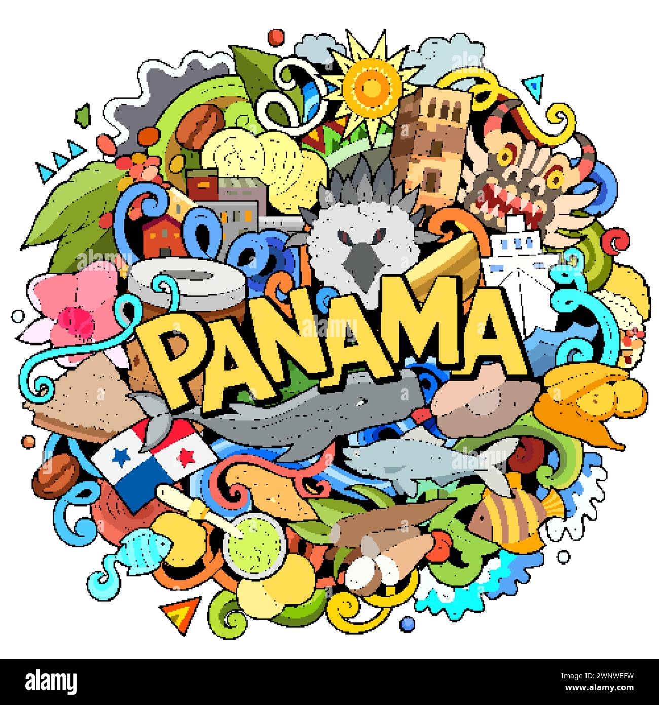 Vector funny doodle illustration with Panama theme. Vibrant and eye ...