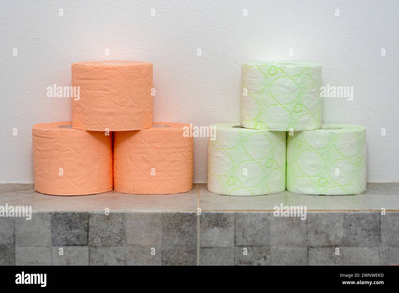 Rolls of two colors. Pyramid toilet paper. soft hygienic paper. close ...