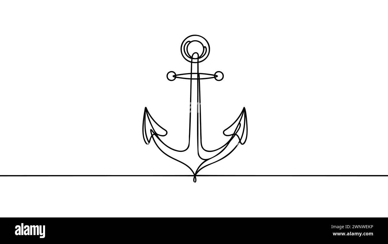 Anchor is drawn by one black line on a white background. One-line ...