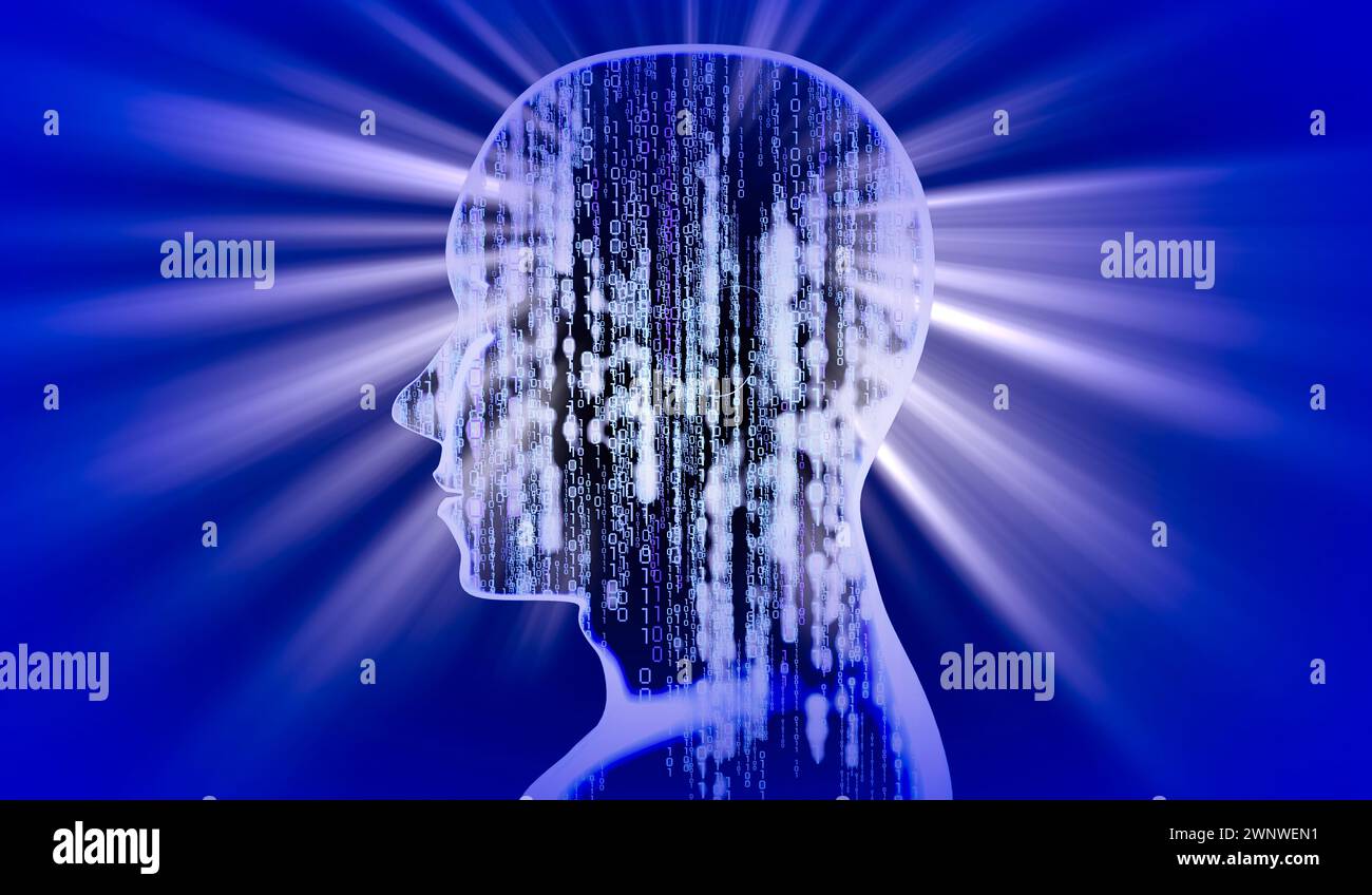 Geometrical man face with binary code and rays of light - 3D ...