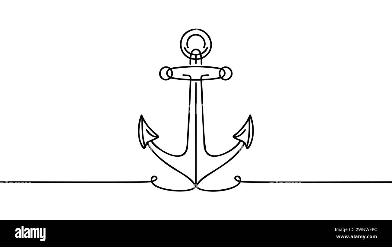Anchor is drawn by one black line on a white background. One-line ...