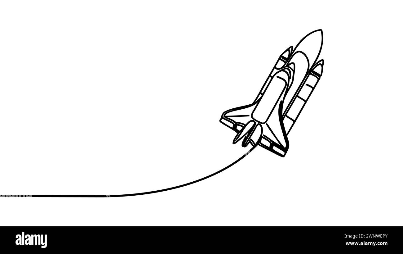 One continuous line drawing of simple retro spacecraft flying up to the ...