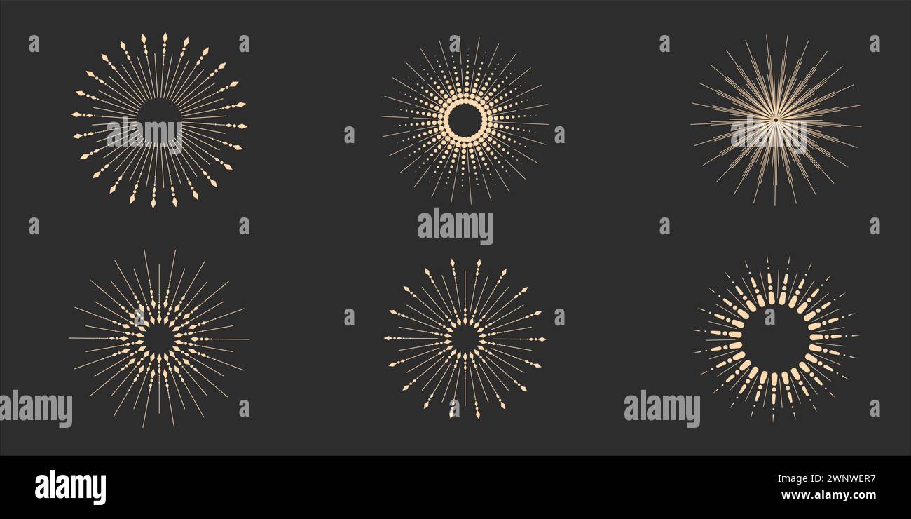 Set of sunbeams, light rays, and solar rays. Design elements, linear ...