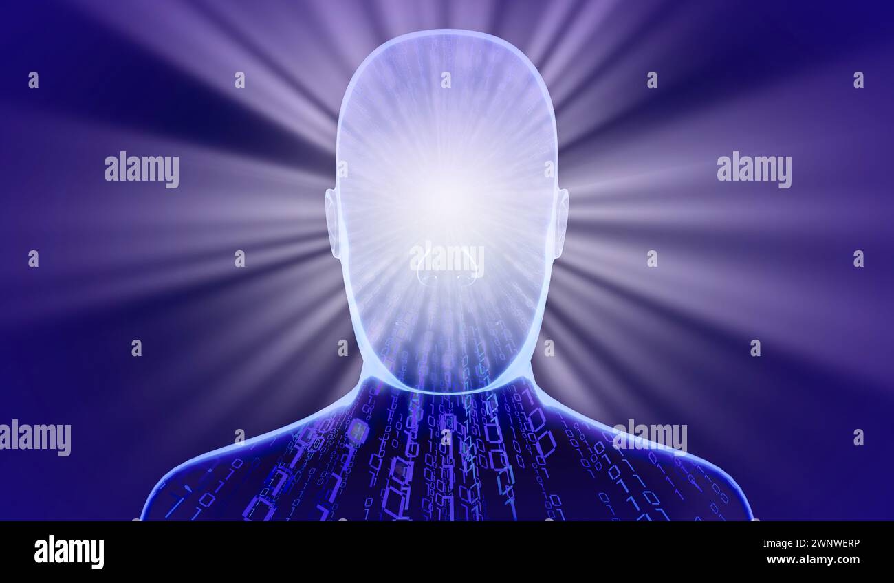 Geometrical man face with binary code and rays of light - 3D ...