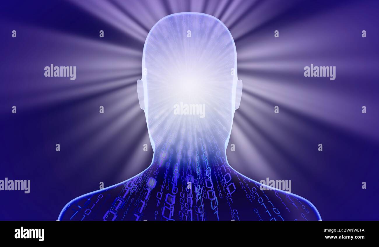 Geometrical man face with binary code and rays of light - 3D ...