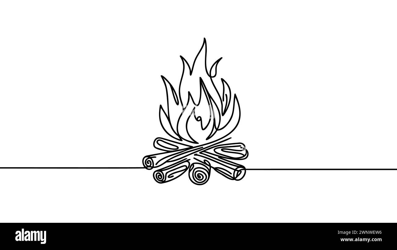 Bonfire in one continuous line art drawing style. Campfire black line ...