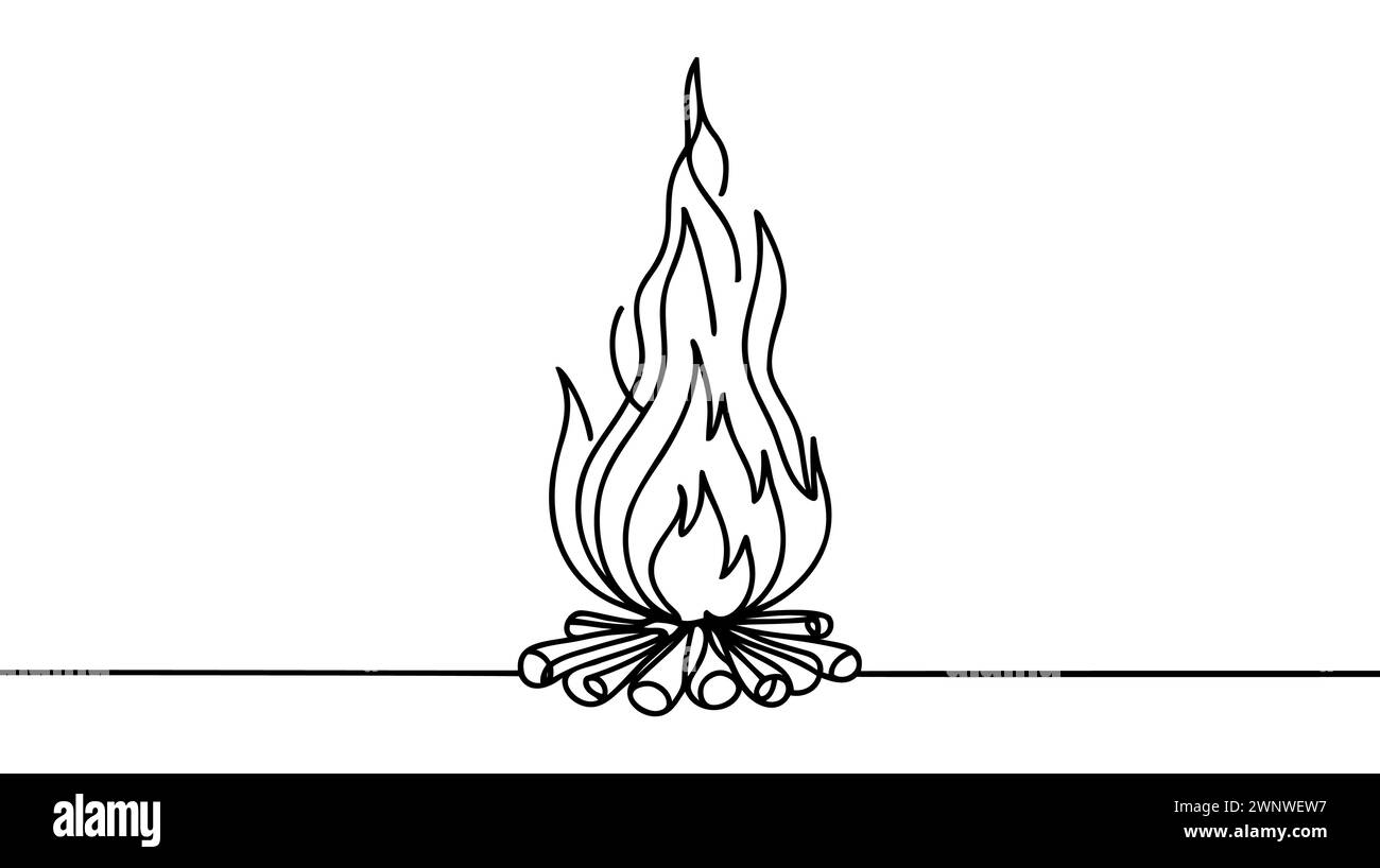 Bonfire in one continuous line art drawing style. Campfire black line ...