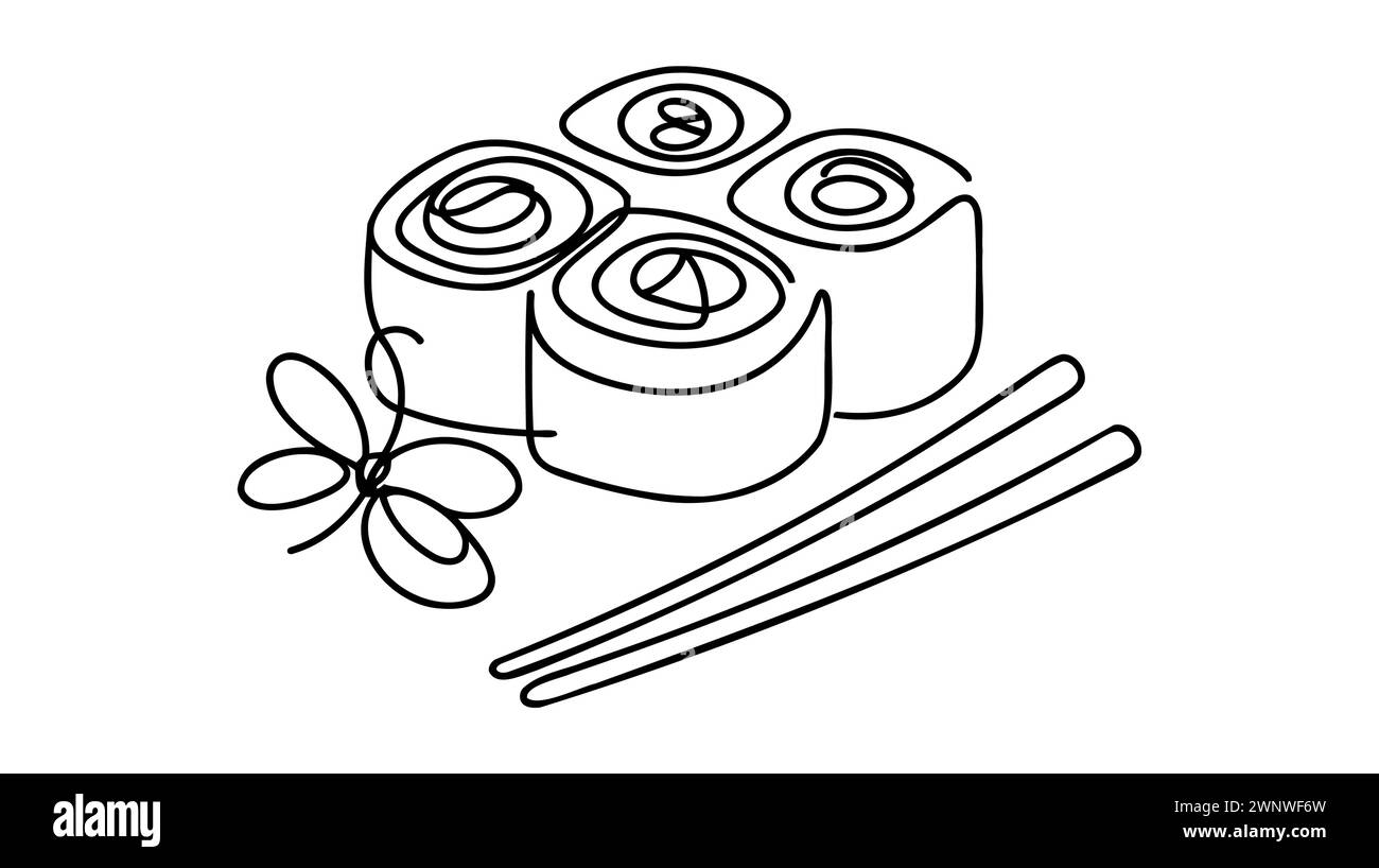 Vector continuous one single line drawing of sushi rolls in silhouette ...