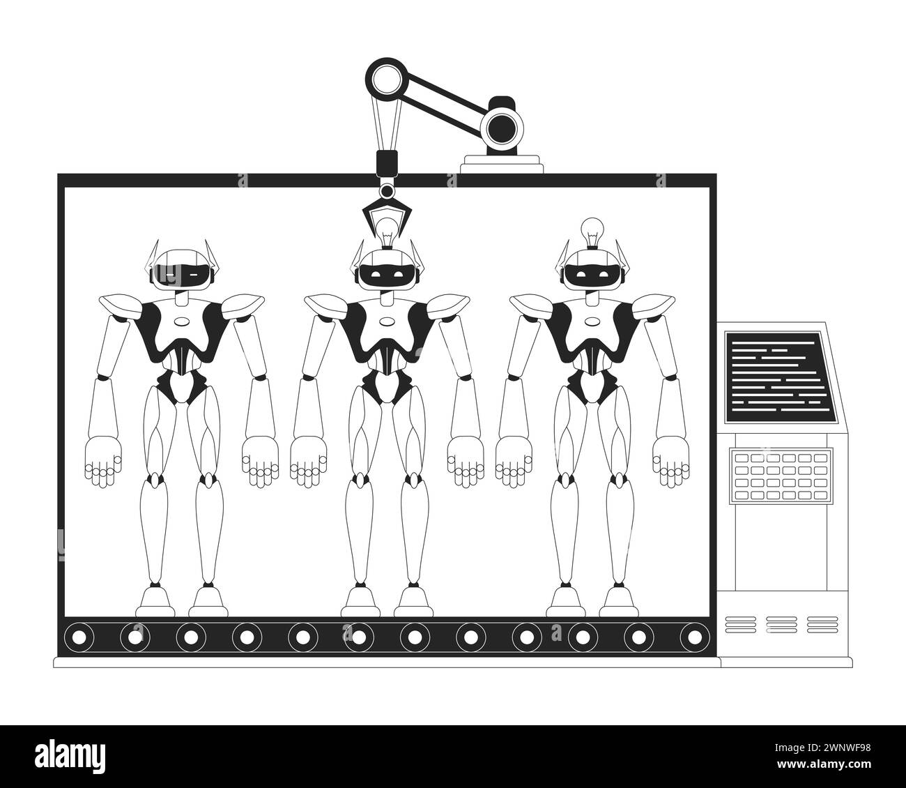 Manufacturing robots black and white 2D line cartoon characters Stock ...