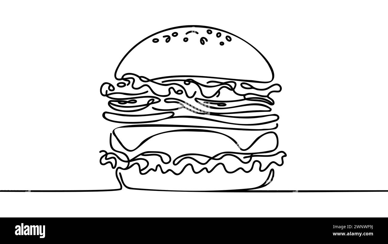 One continuous line drawing of fresh delicious American burger ...