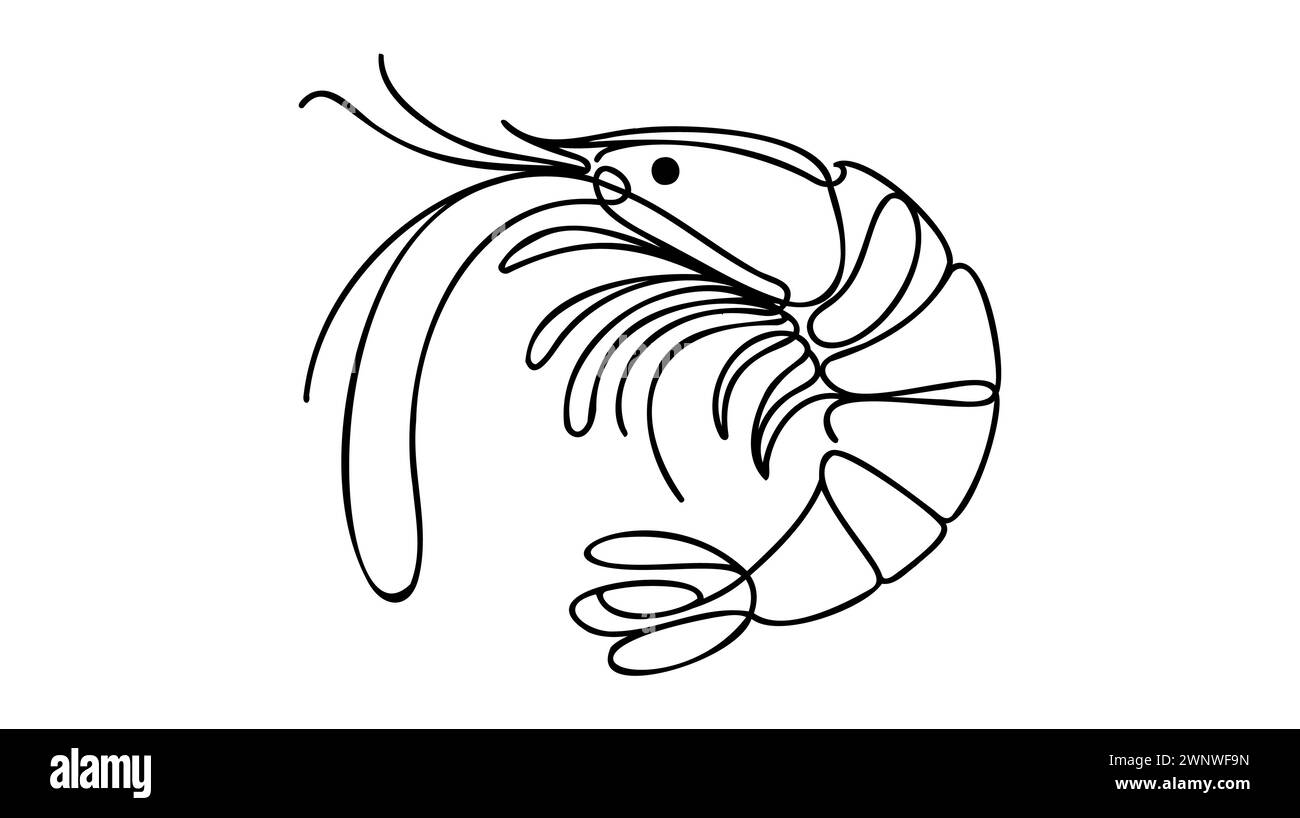 One continuous line drawing of fresh shrimp for seafood logo identity ...