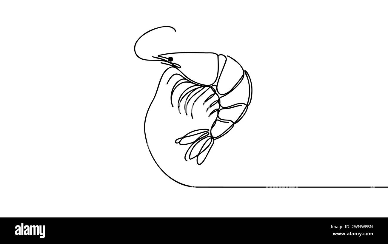 One continuous line drawing of fresh shrimp for seafood logo identity ...
