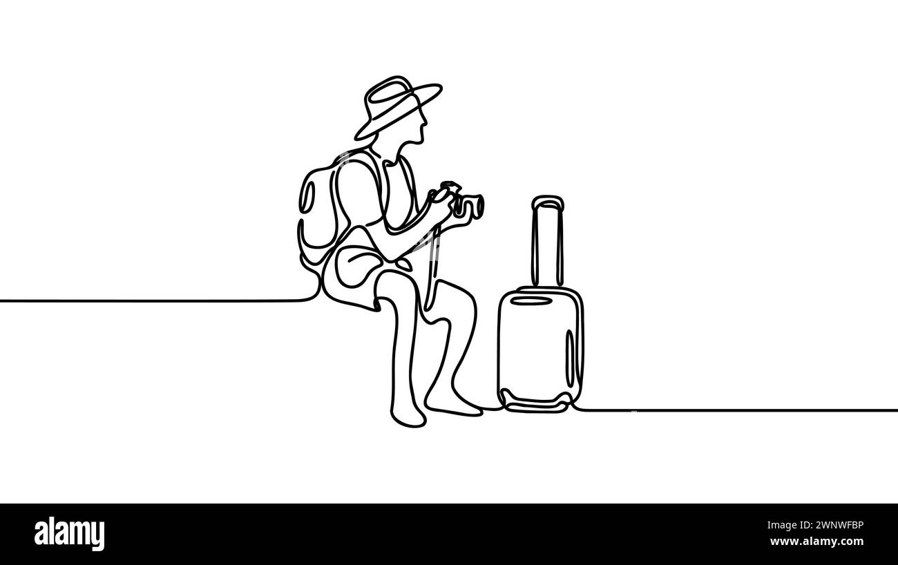 Continuous line drawing of traveler, tourist. Single one line art ...