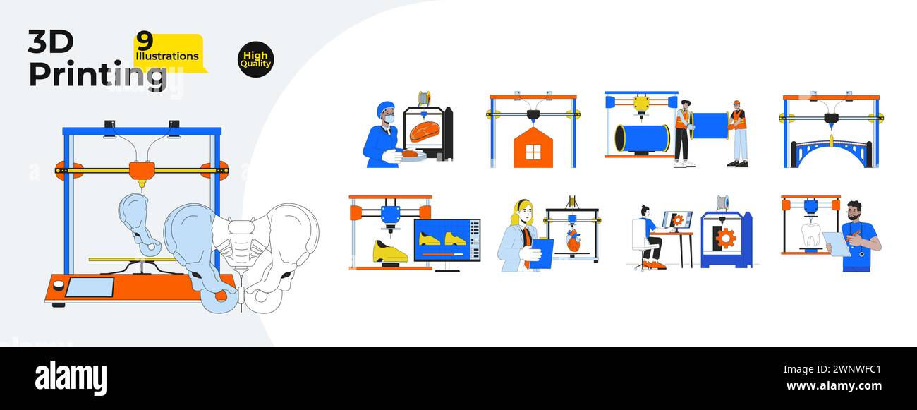 3d printing technology line cartoon flat illustration bundle Stock ...