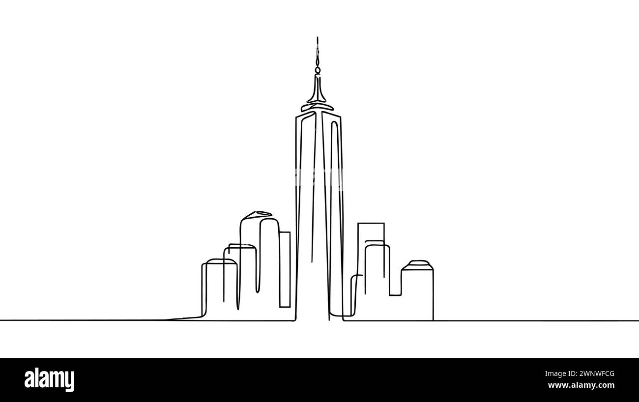 Continuous one line drawing of tall skyscraper buildings in big city ...