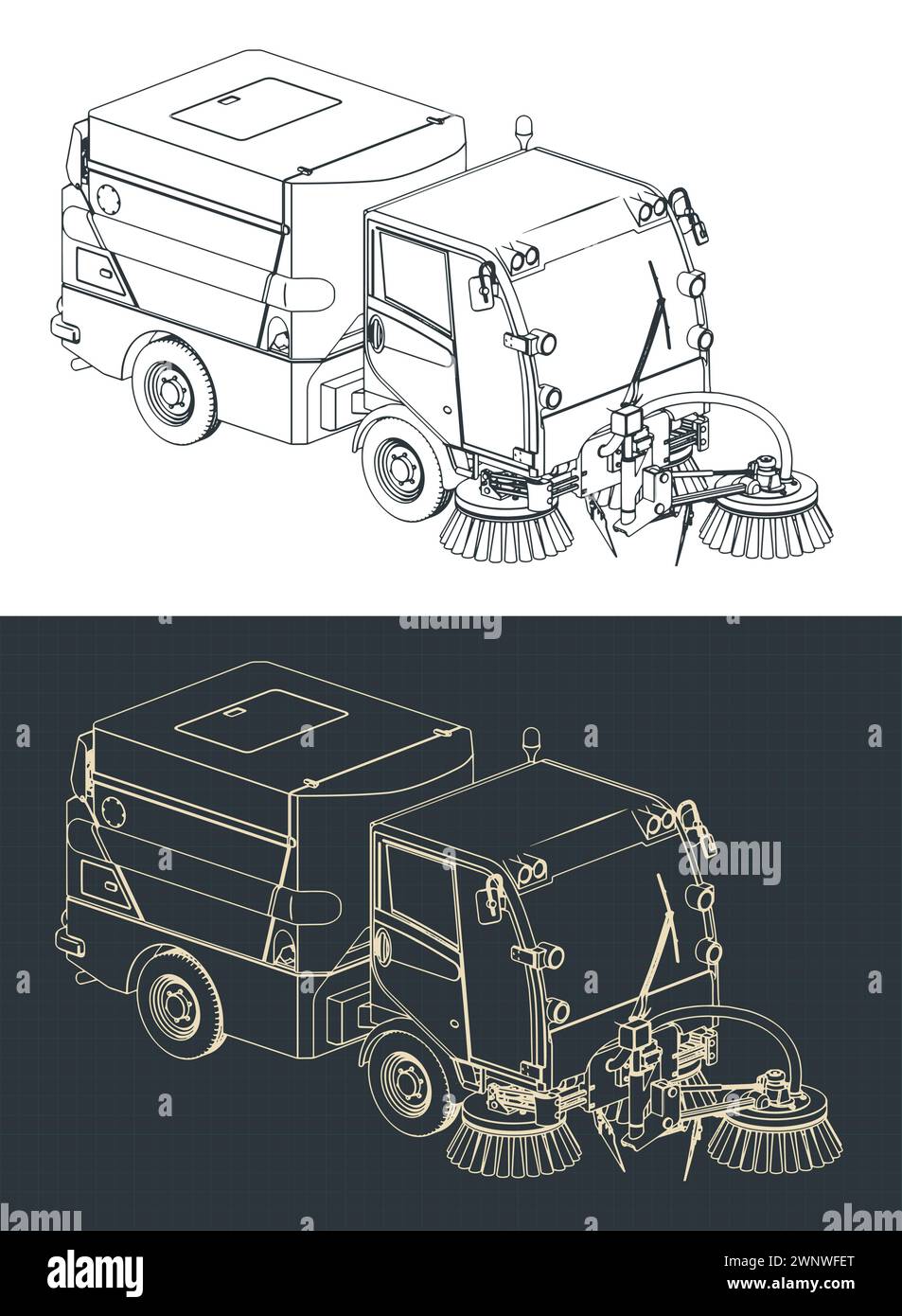 Stylized vector illustrations of isometric blueprints of street sweeper ...