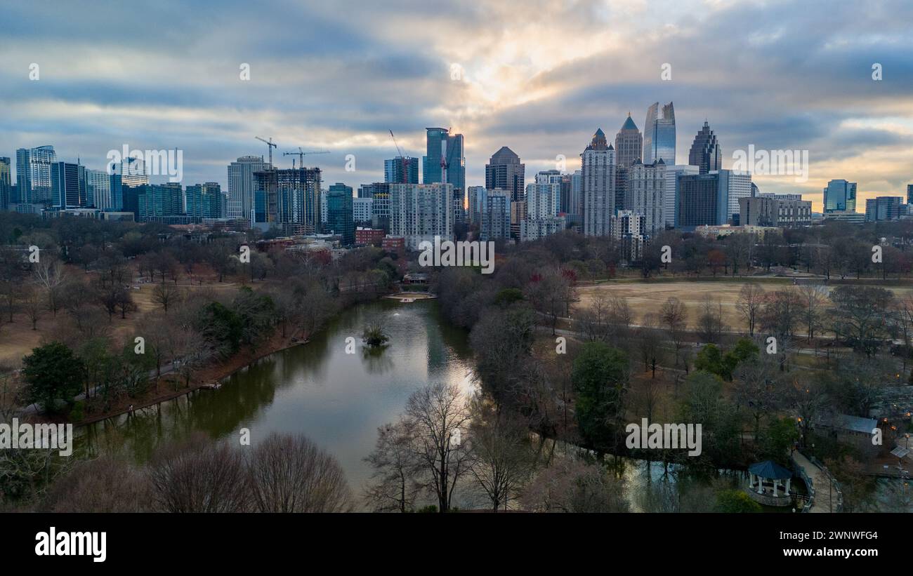 Aerial panoramic view of Atlanta skyline shot from Piedmont park during ...