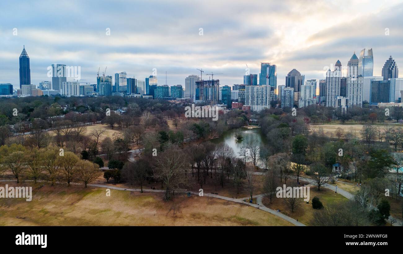 Aerial panoramic view of Atlanta skyline shot from Piedmont park during ...